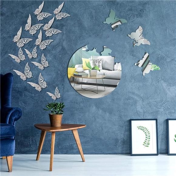 Accents | 3d Round Acrylic Mirror Silver Butterfly 16pcs Wall Decor ...
